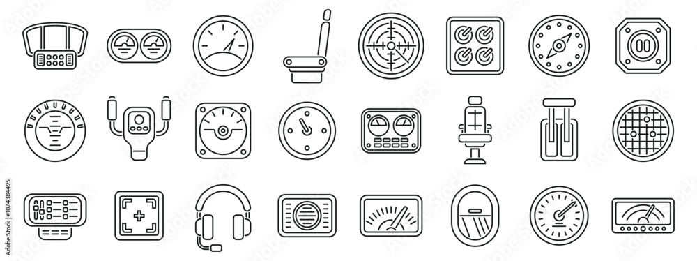 Airplane cockpit icons set. Airplane cockpit panel icons displaying ...