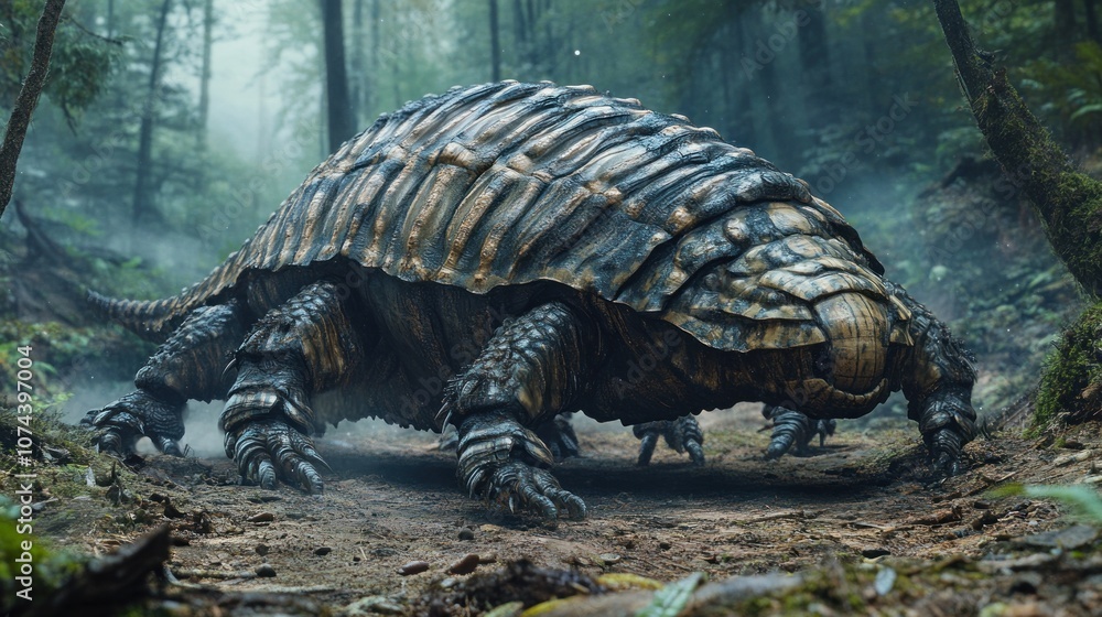 Arthropleura, ancient reptiles, crawling on the forest floor, with hard ...