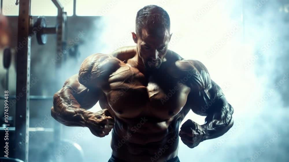Powerful Bodybuilder Flexing Muscles in a Gym. Intense Fitness Scene ...
