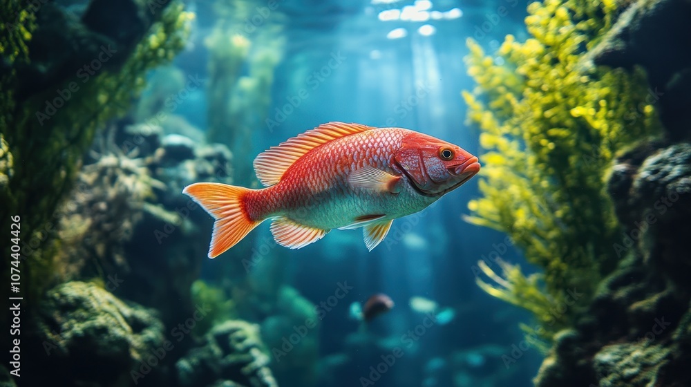 Red snapper, swimming in an underwater forest full of algae and coral, the mysterious atmosphere ...