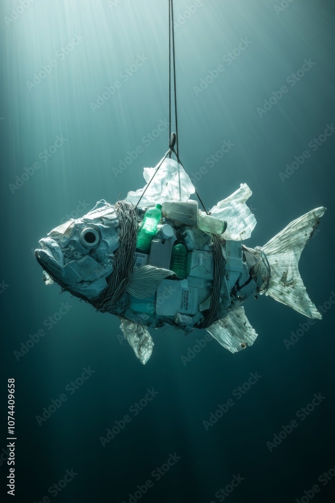 Sculpture of a fish made from plastic waste suspended underwater to ...