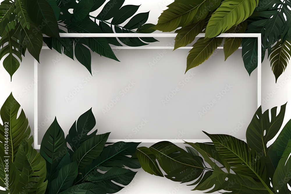 Green leaf background layout with white Box shape. Nature concept. you ...
