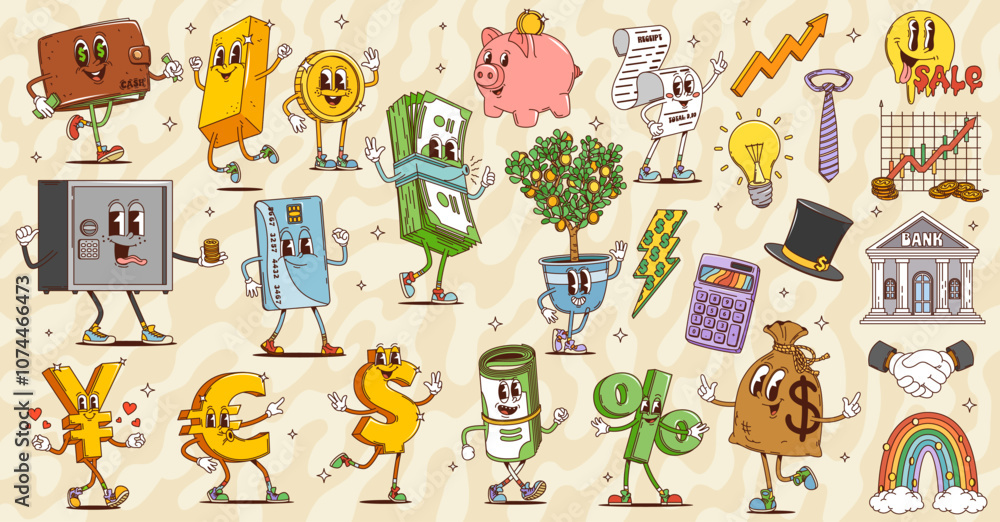 Retro cartoon groovy finance characters of cute money, golden coins ...