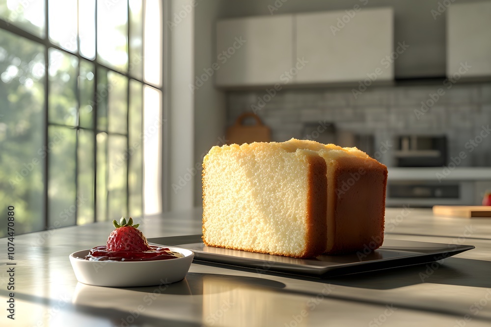 Rectangular quatre-quarts pound cake with slices cut, revealing a ...