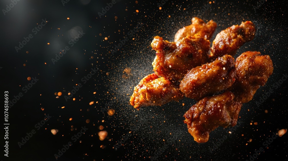 Delicious Spicy Chicken Wings Flying Through Air with a Tasteful ...