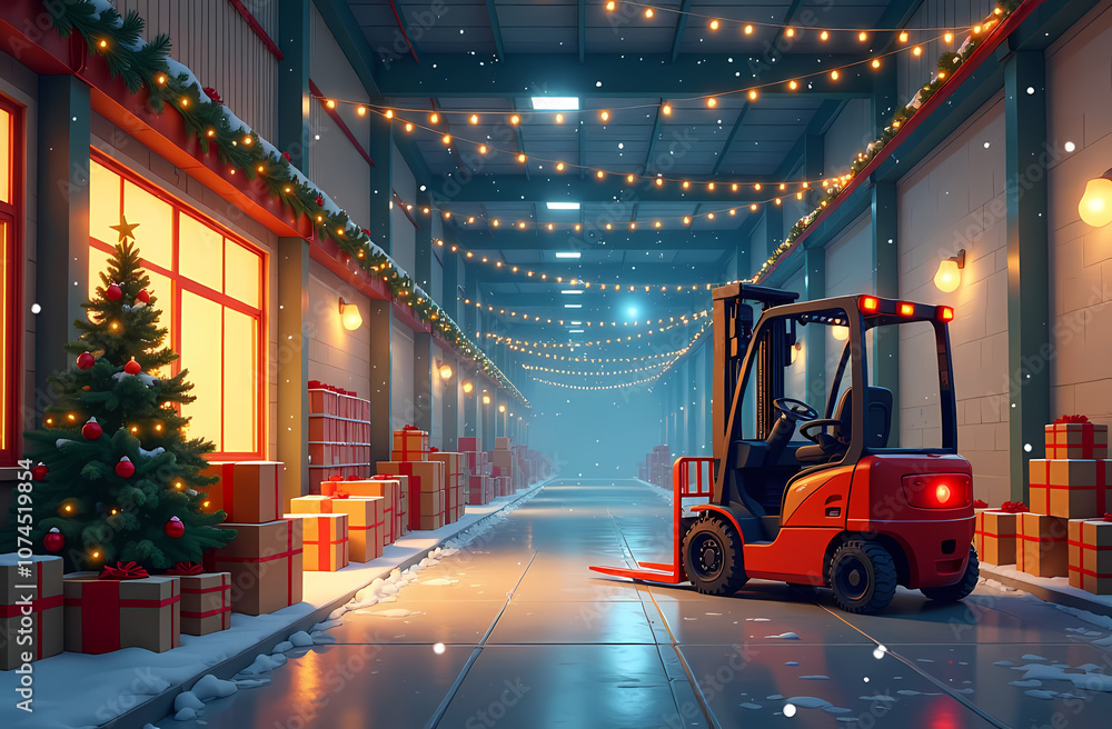 Warehouse decorated with Christmas lights, featuring stacks of boxes ...