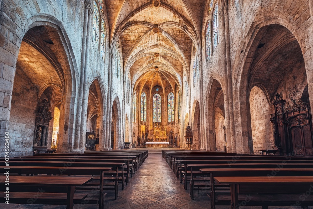 An empty church interior with pews and stained glass windows, suitable ...
