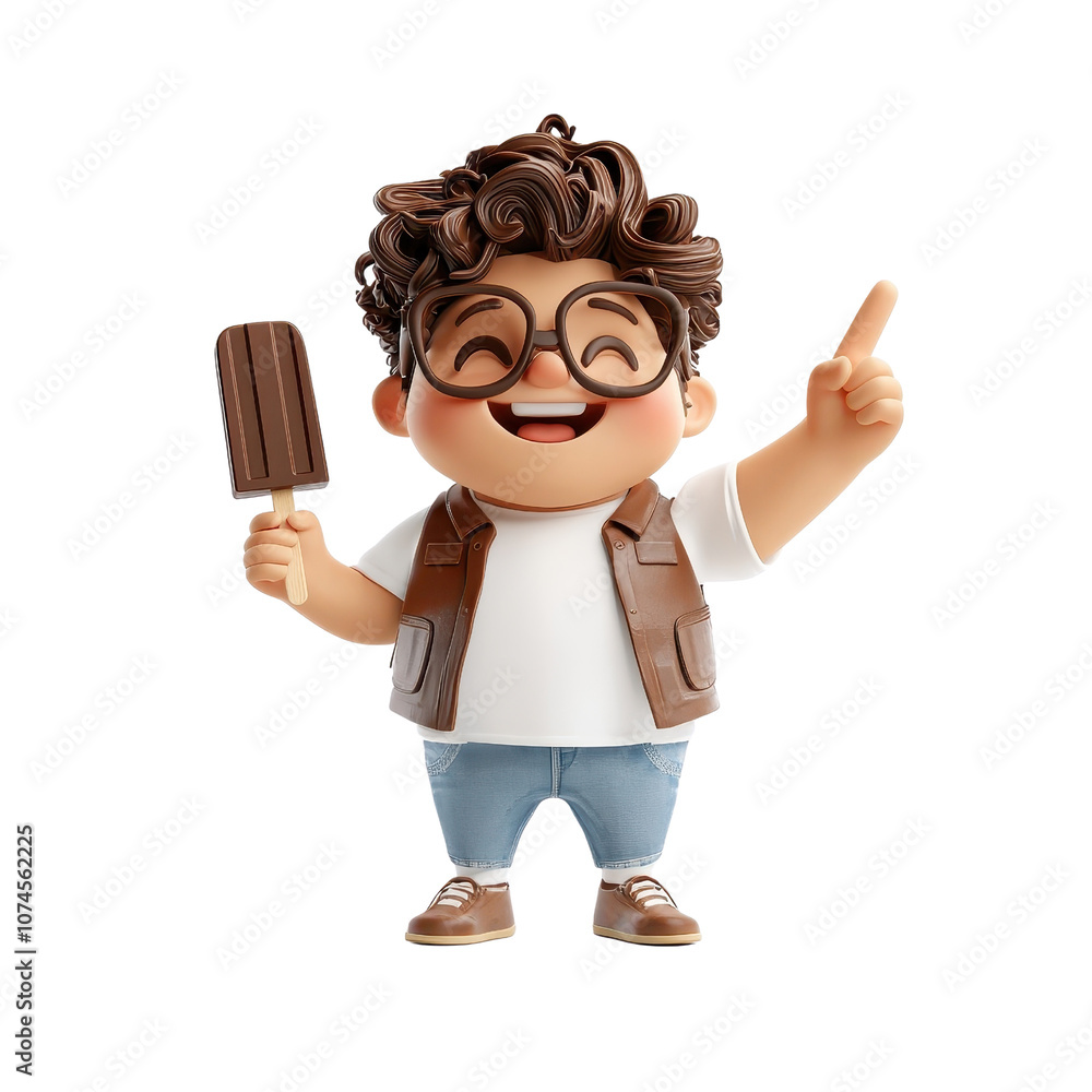 3D cartoon character enjoying chocolate popsicles isolated on a white ...