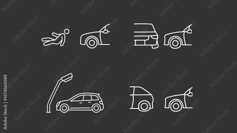 Accident types white line animations. Animated car crash icons. Damaged ...