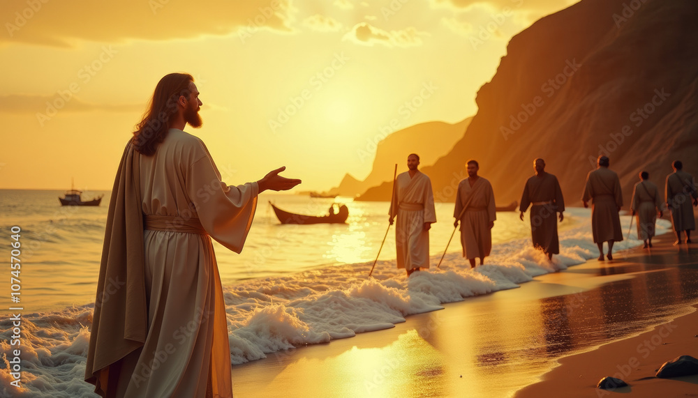 Jesus calling his disciples by the shore at sunset, inviting them to ...