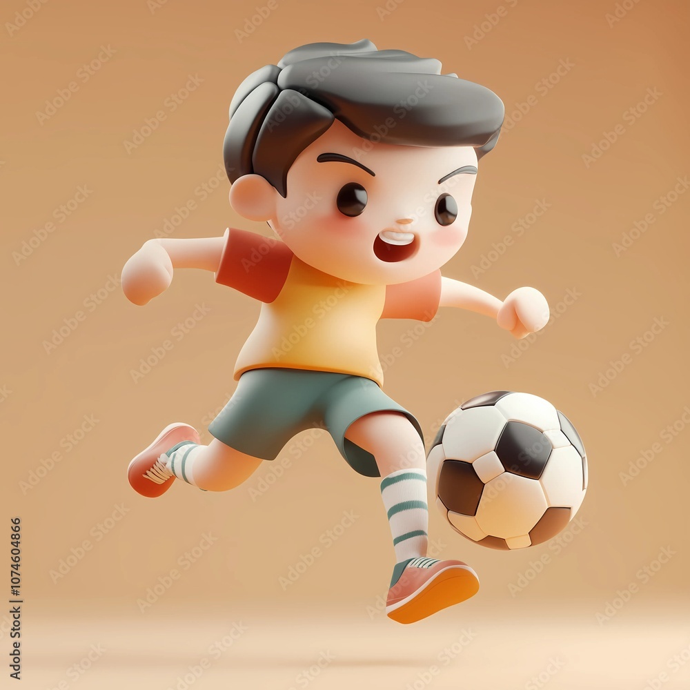 3D illustration of a cute, animated boy playing soccer with enthusiasm ...