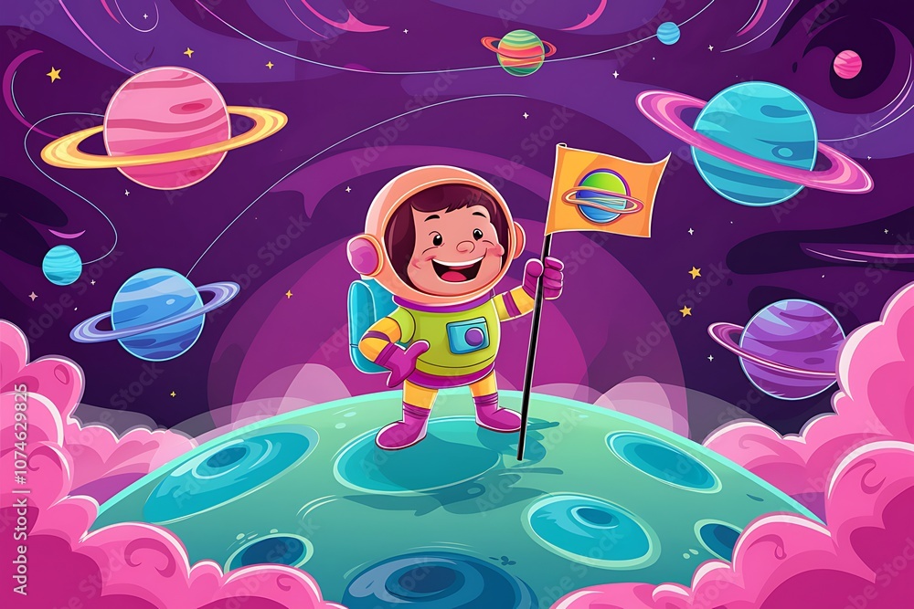 Cartoon astronaut on space colorful illustration. A boy in space ...
