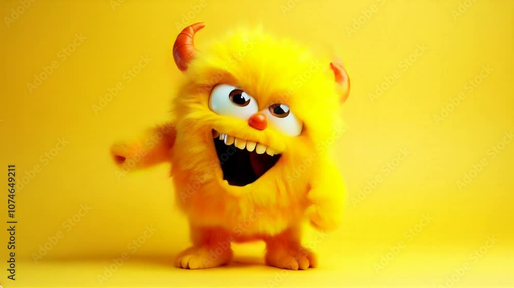 A cute, fluffy yellow monster with big eyes and tiny horns jumps ...