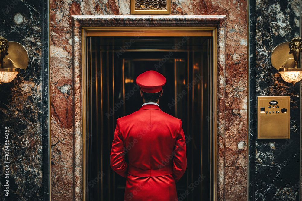 a bellhop in a red uniform and cap stands with his back to the camera ...