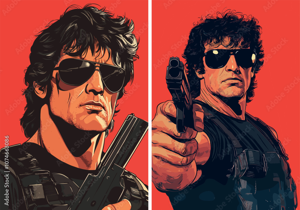 90s action movie cartoon vector posters. Bulletproof pistol athlete ...