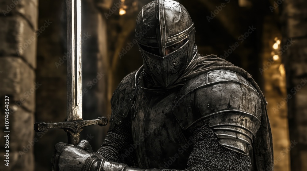 Photo & Art Print Medieval knight in armor holding sword in castle ...