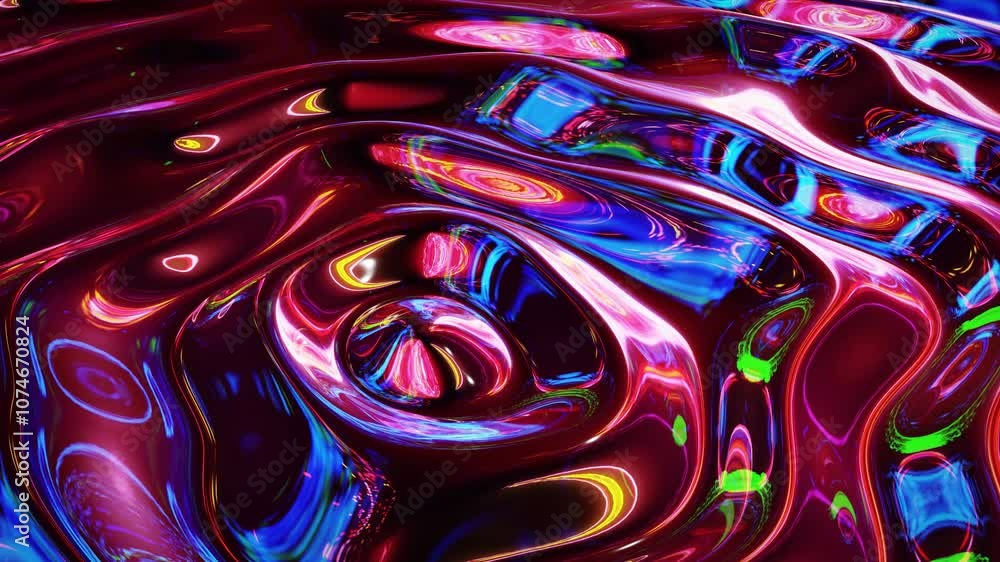 Looped abstract iridescent fluid background. Beautiful wavy glass surface of liquid with pattern ...
