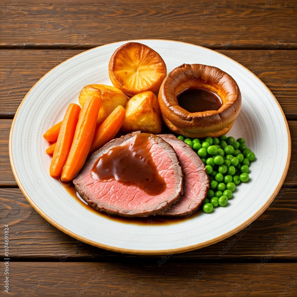 Sunday roast, roast beef, Yorkshire pudding, roast potatoes, vegetables ...
