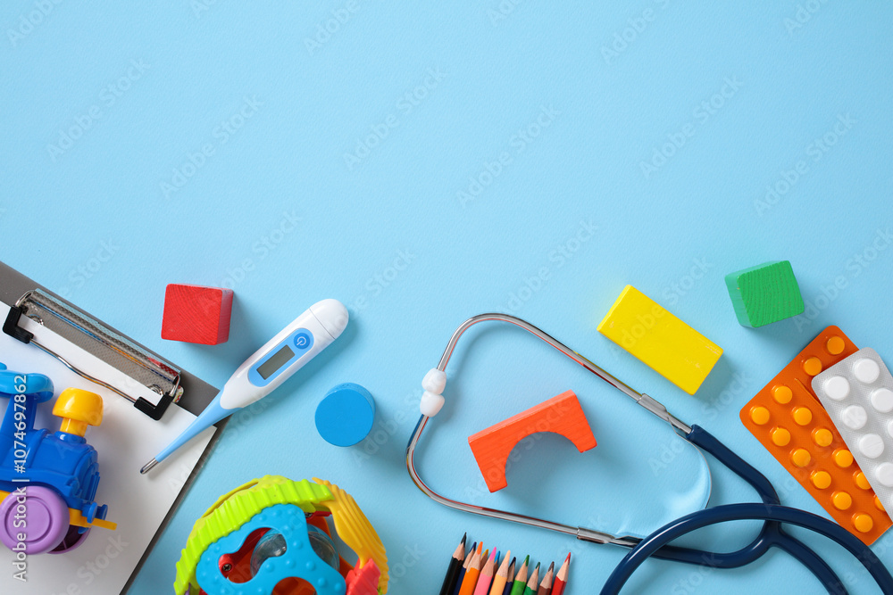 Pediatric healthcare concept with toys, medical tools, and colorful ...