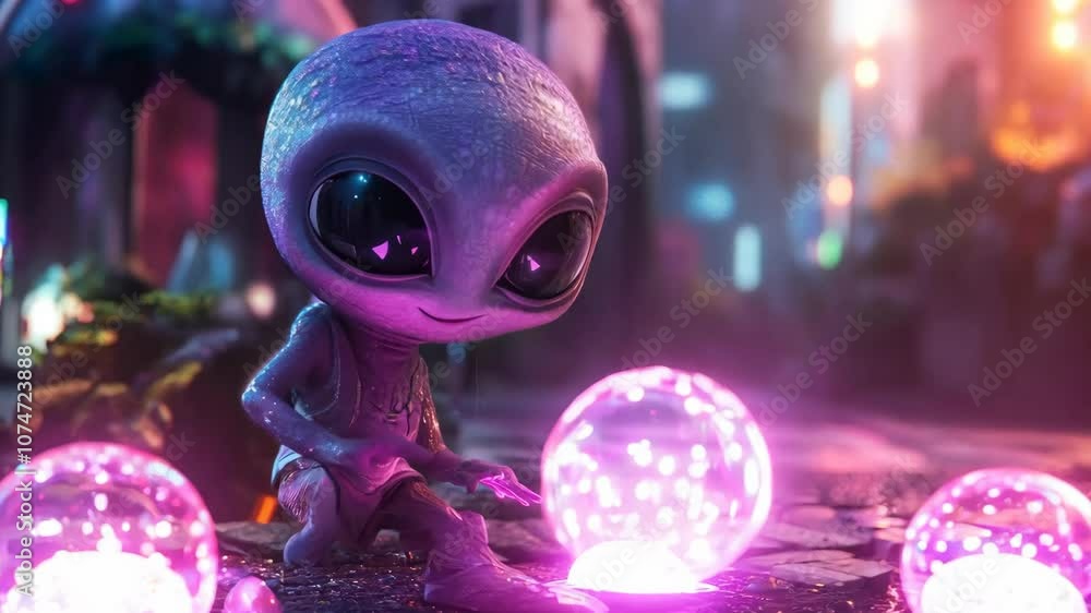 Alien with purple skin, large round eyes, and a chubby body engaging ...