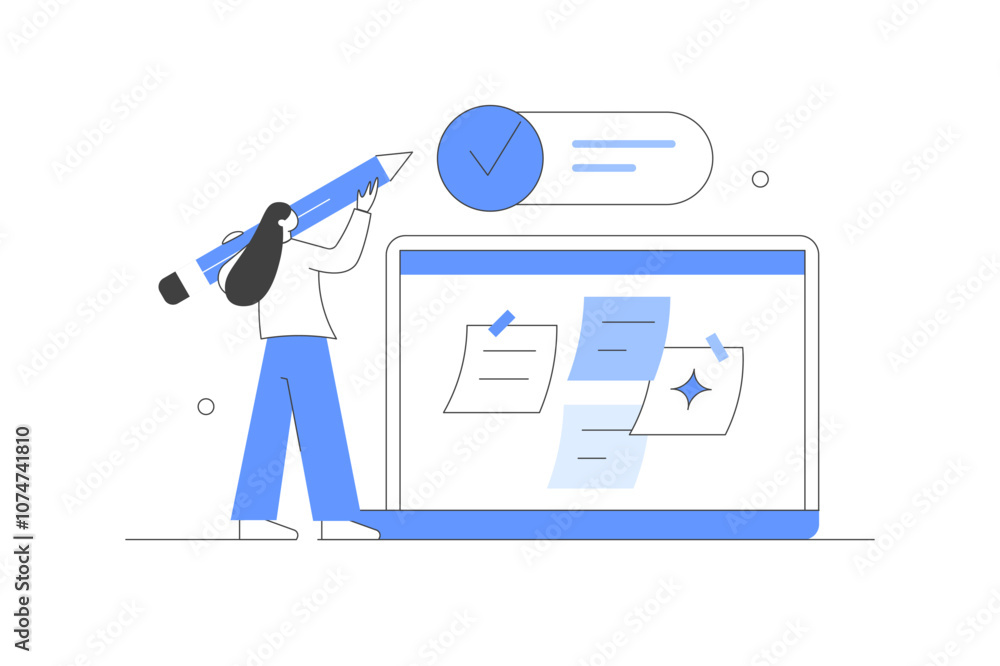 Time management. Character with pen done tasks with mark in check box ...