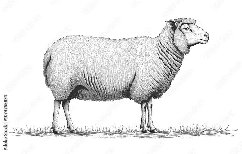 Sheep, lamb. Vintage retro print, black white sheep lamb sketch ink ...