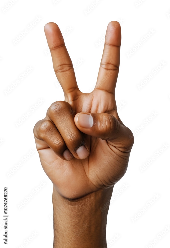 Hand making peace sign gesture with raised fingers isolated on white ...
