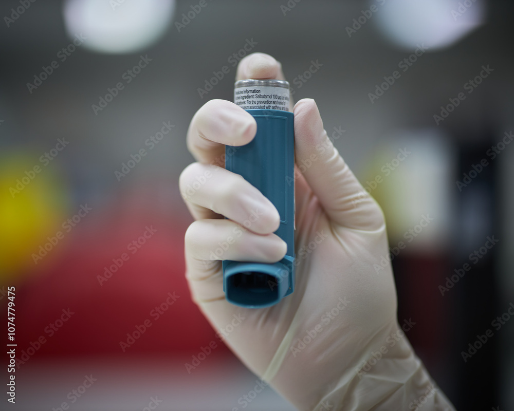 Asthma puffer containing salbutamol helping child or adult asthma and ...