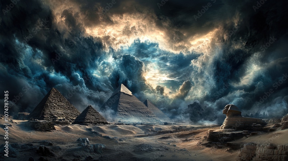 Panoramic View of the Great Sphinx and Pyramids at Giza with Dramatic ...