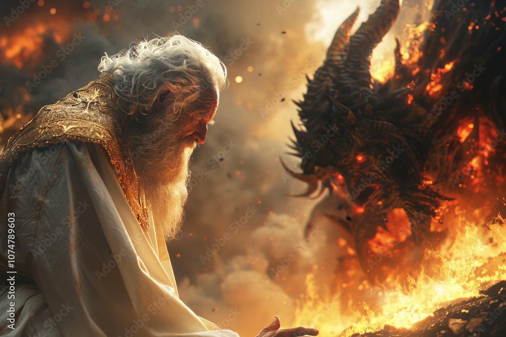 Catholic Christian bishop priest with the Devil Satan horned with wings ...