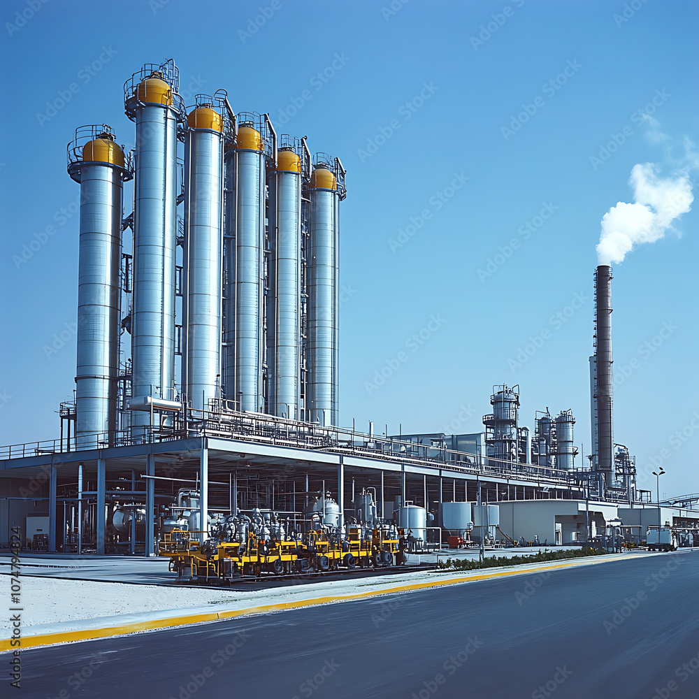 Fuel processing plant with towering distillation columns and industrial ...