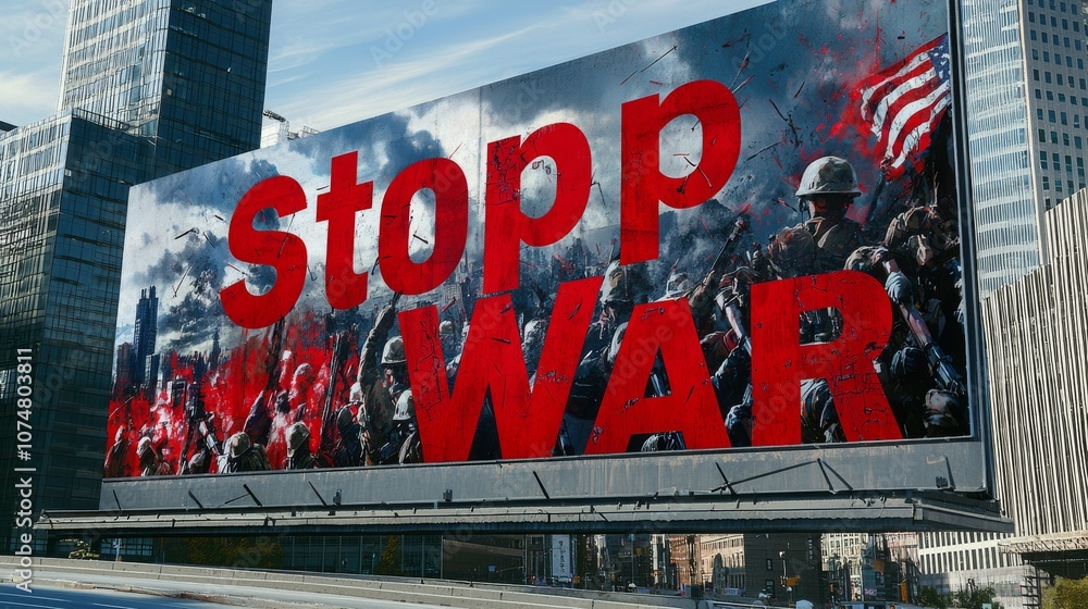 Bold Stop War Billboard, urban skyline as backdrop, powerful visual ...