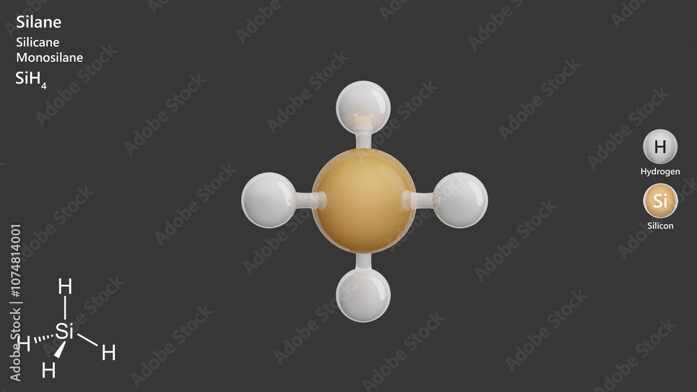Molecule: Silane. Poisonous gas. Molecular structure. Formula: H4Si ...