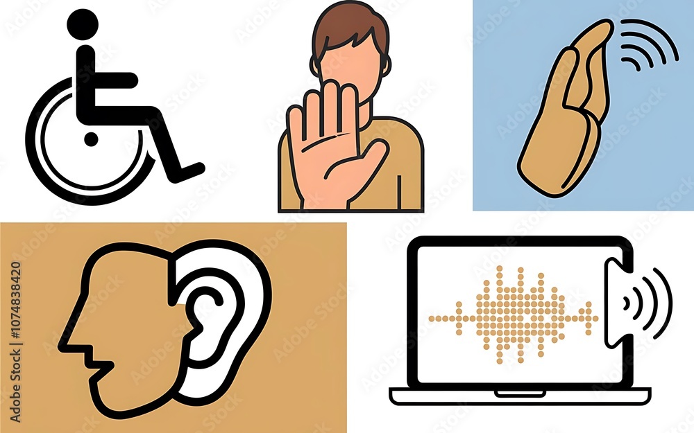 Icons depicting mobility aids, sign language, and assistive technology ...