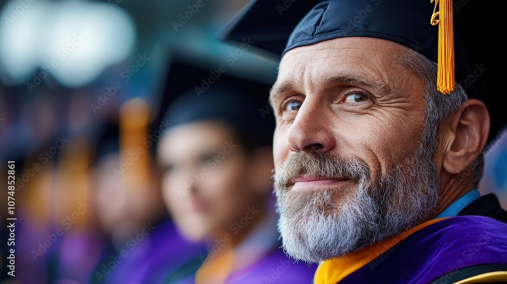 A distinguished graduate proudly dons a cap and gown at a commencement ...