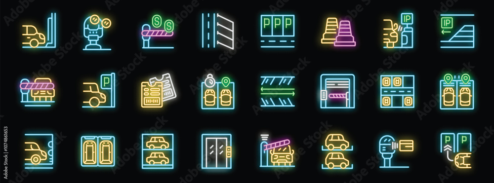 Parking neon icon set showing various aspects of parking, including ...