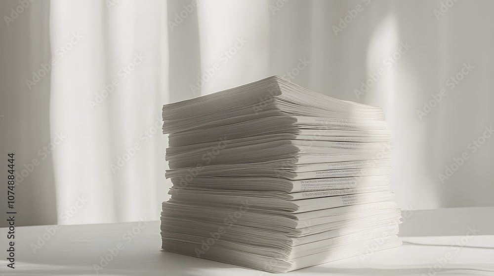 Minimalist composition of stacked newspapers on white surface with soft ...