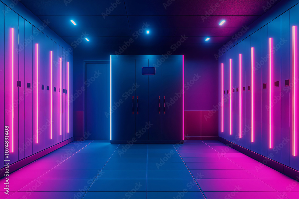 Enter a futuristic locker room with blue and purple neon lights ...