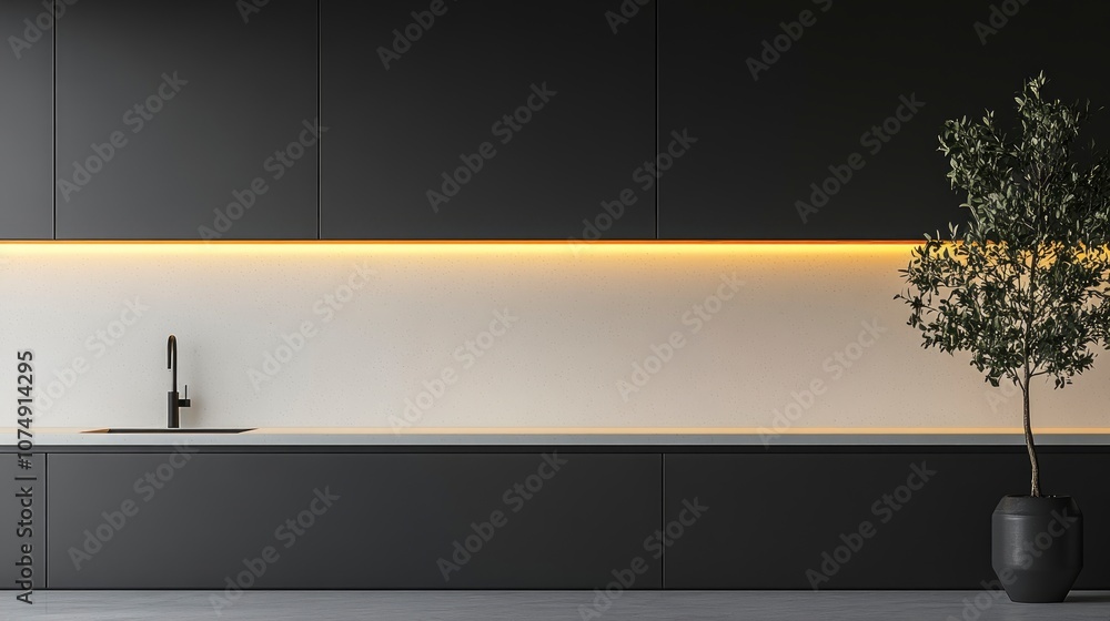 Minimalist Black Kitchen Interior with Plant and Backlighting Stock ...