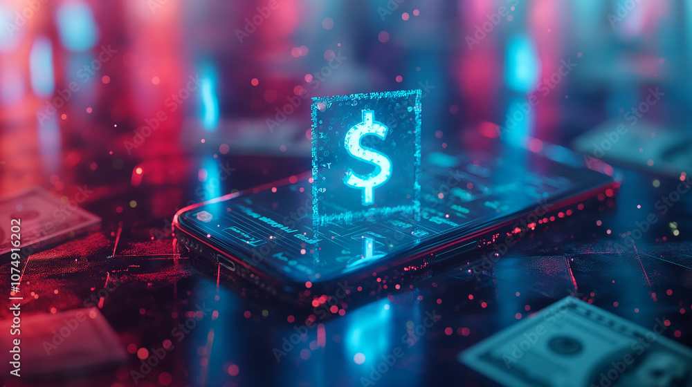 Digital dollar sign floating above a smartphone, visualizing online ...