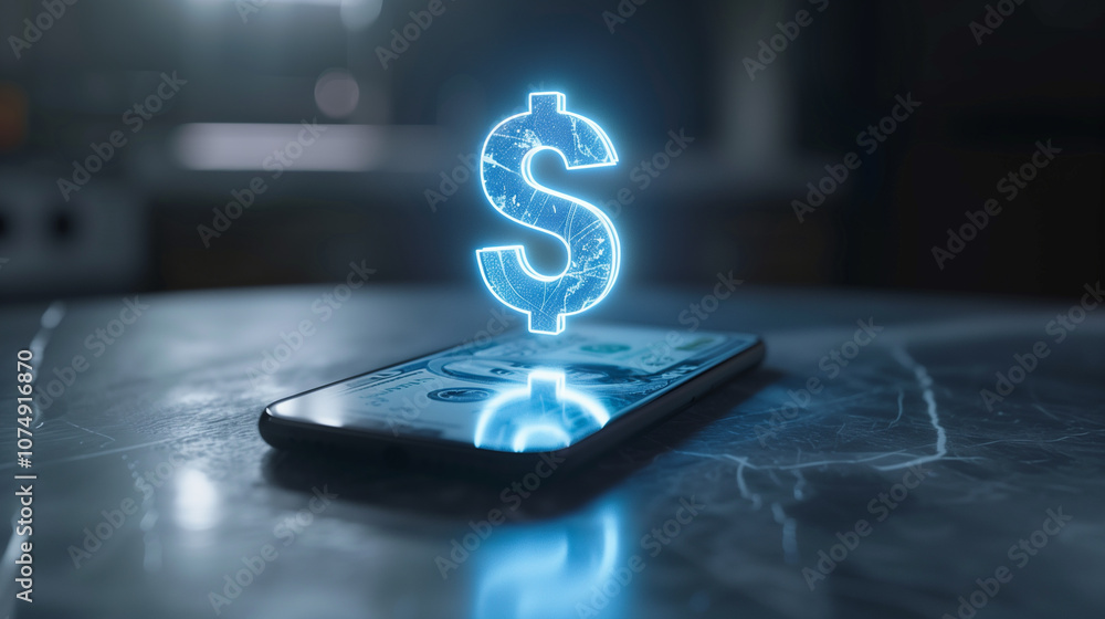Digital dollar sign floating above a smartphone, visualizing online ...