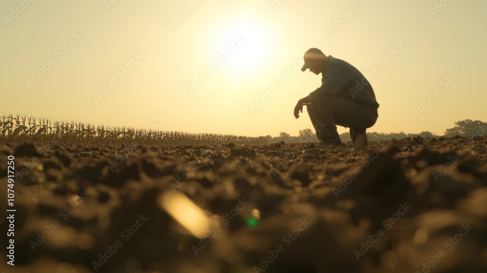 Climate Change Awareness: Farmer Inspecting Parched Soil in Drought ...