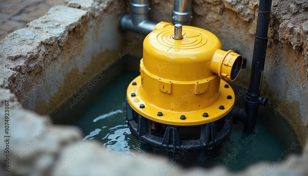 A sump pump system for underground water drainage, featuring a yellow ...