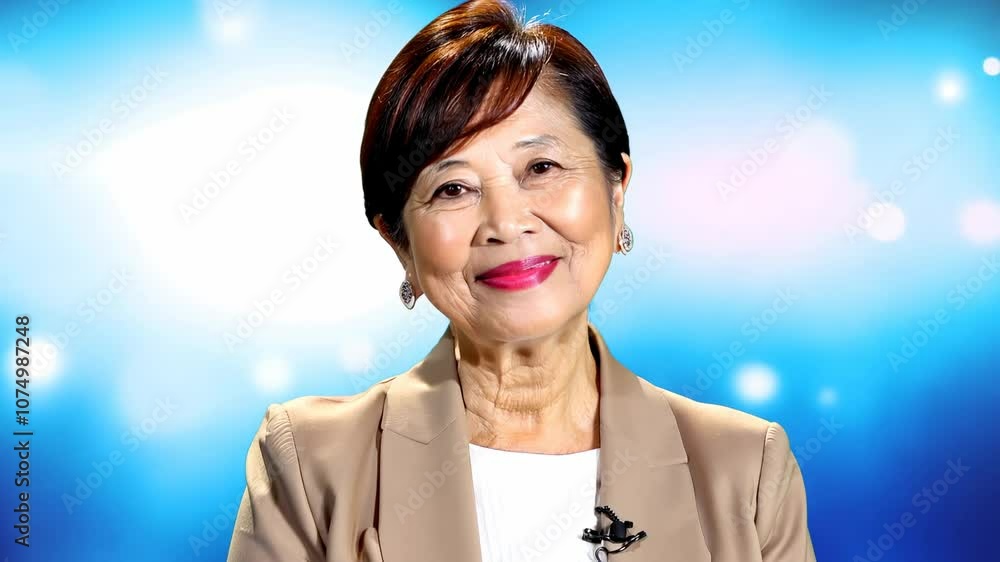Smiling beautiful Asian woman news anchor. Female television news ...