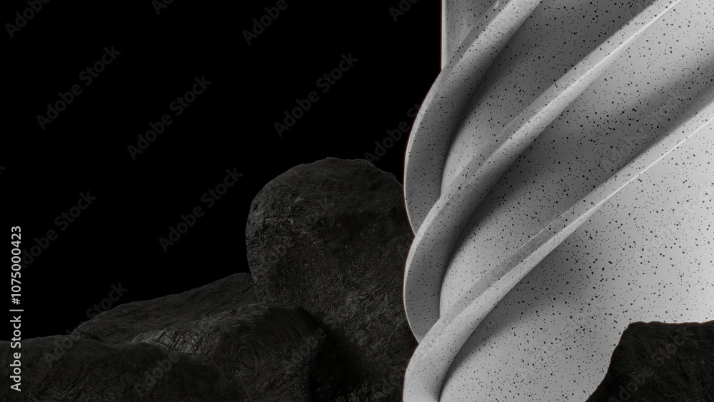 A captivating spiral structure stands out against a dark backdrop, surrounded by uniquely ...