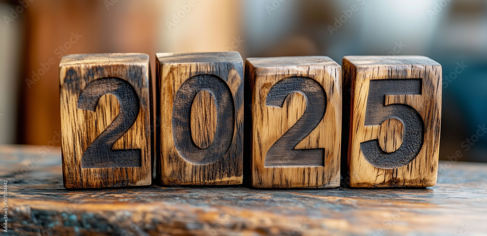 Transition from a wood block cube to 2025 to prepare for the New Year's ...