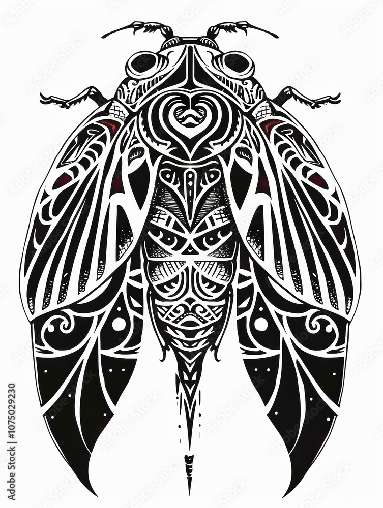 Detailed black ink illustration of a cicada with intricate tribal ...