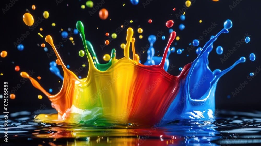 Colorful paint splashes on black background. Splash effect after ...