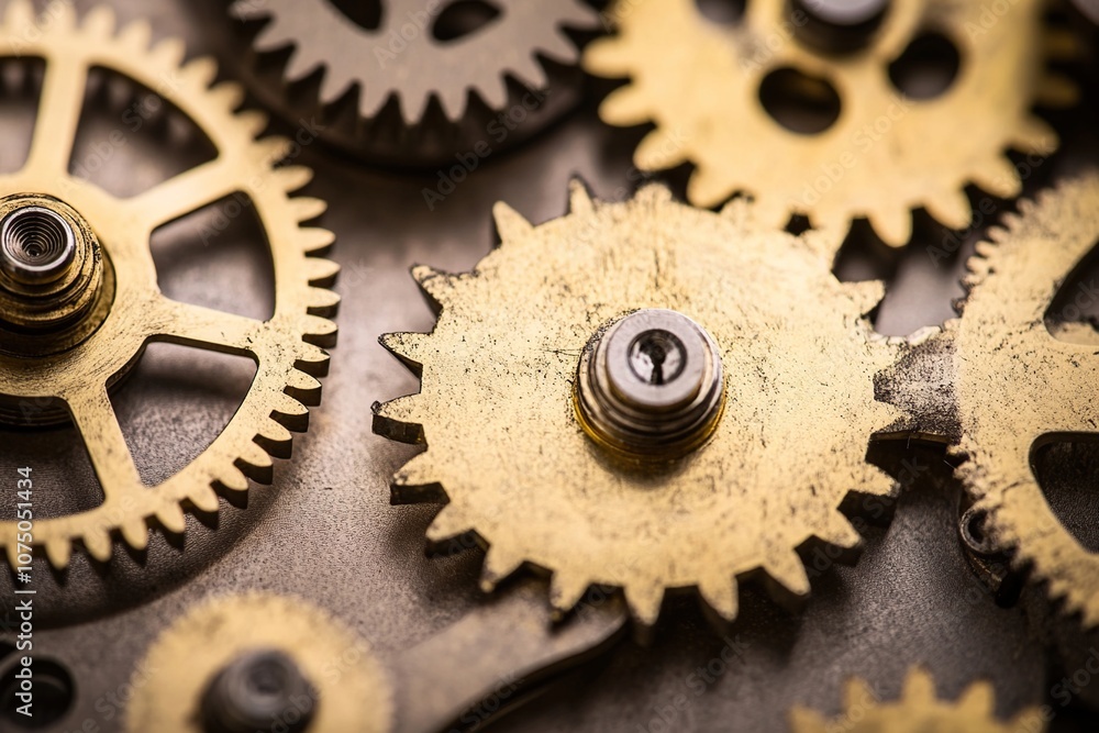 A macro photograph of intricate clock gears and cogs interlocking ...