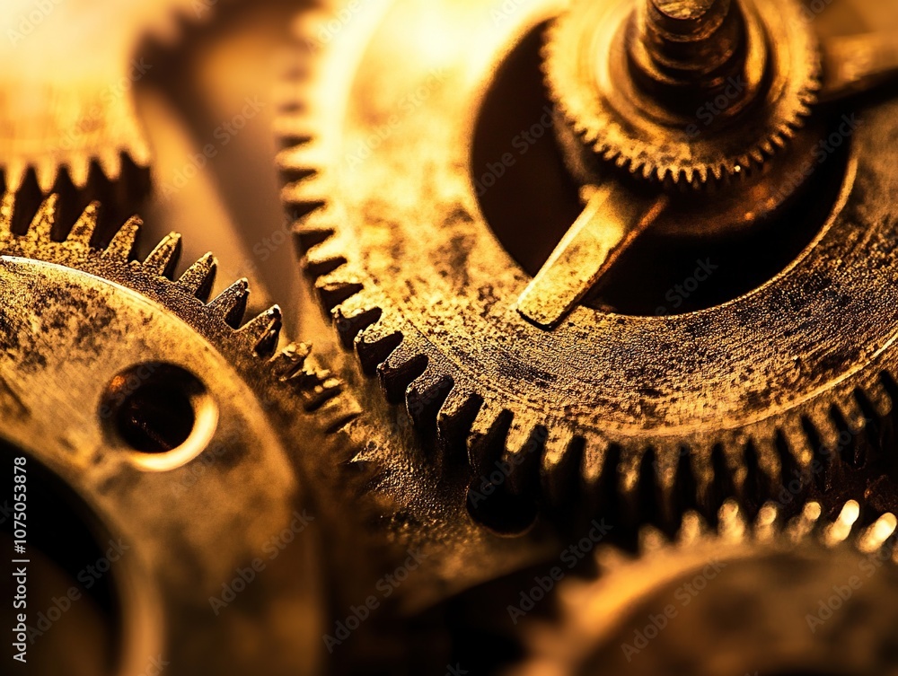 A macro photograph of intricate clock gears and cogs interlocking ...
